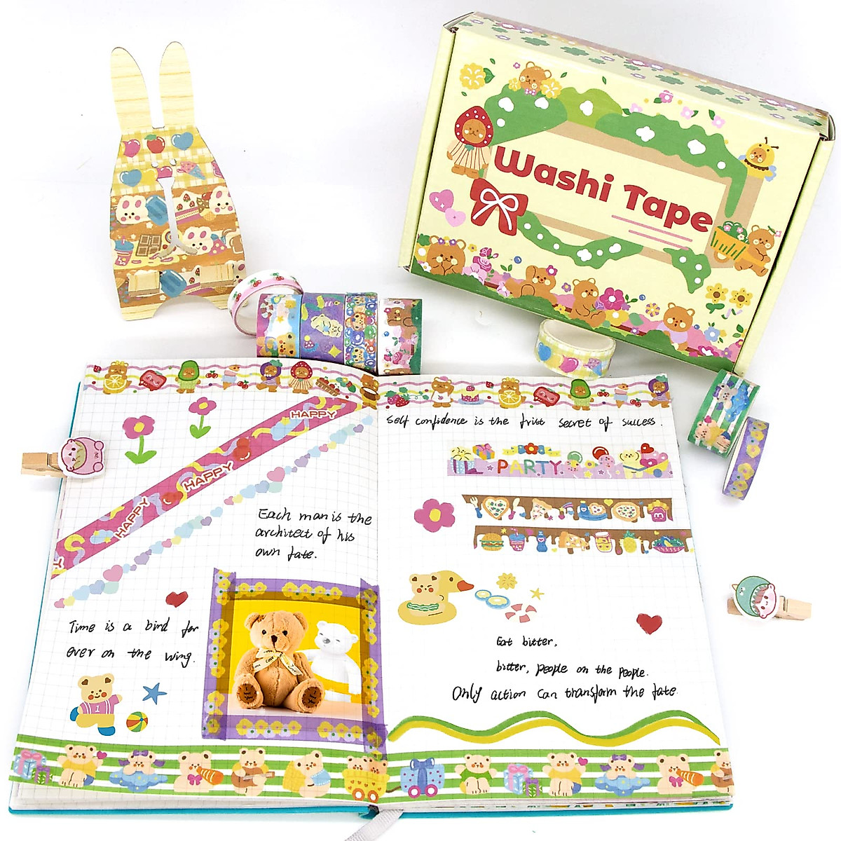 MPOPUUL 30 Rolls Kawaii Washi Tape Set - Cute Bear Print Washi Tapes Decorative for Kids, School Supplies, Journalings,Scrapbooking, DIY Crafts, 20/15/10mm Wide