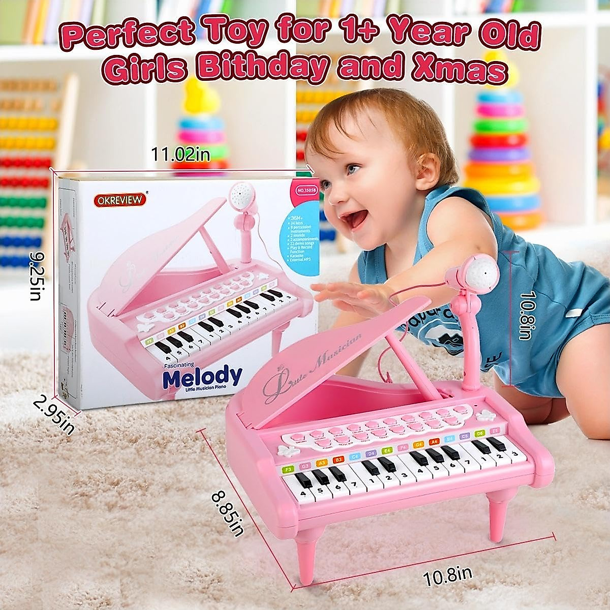 Toddler Piano Keyboard Toy - Toy Piano for 1 2 3 Years Old Girls Birthday Gift Piano Multi Functional Musical Toy with Microphone