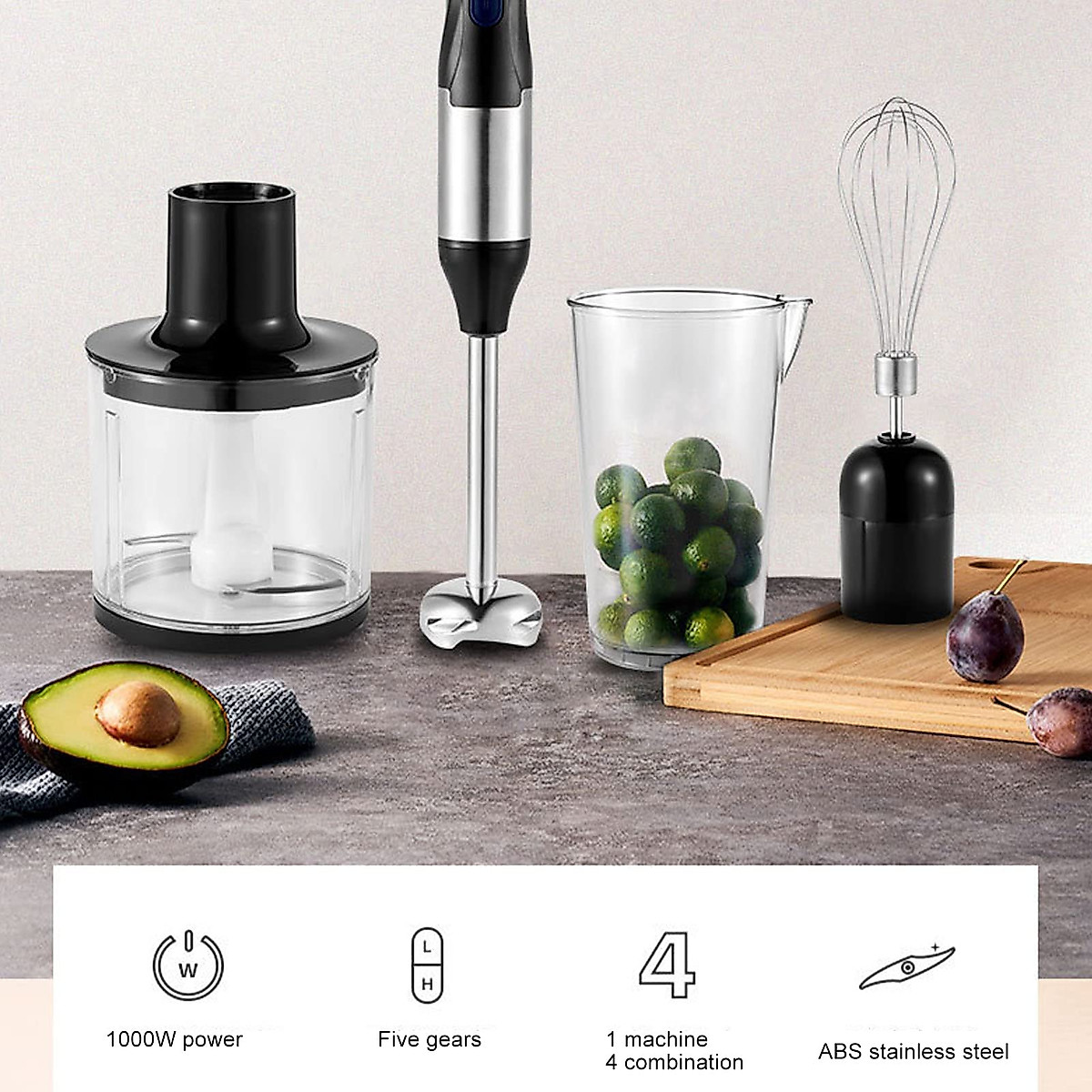 4 In 1 Food Processor Blender,Hand Blender with 500ml Chopper Bowl Handheld Blender Eggbeater for Egg Beating Food Chopping Juicing and Mixing