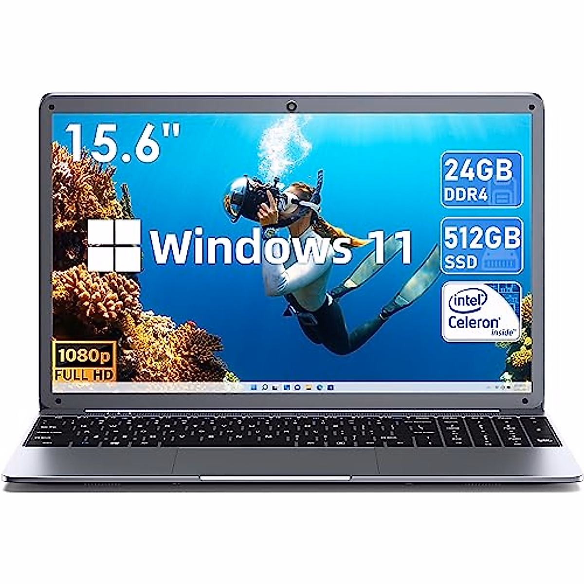 SGIN 15.6 Inch Laptop, 24GB DDR4 512GB SSD Windows 11 Laptops Computer with Intel Celeron N5095 Processor(Up to 2.9GHz), FHD 1920x1080, Mini HDMI, 2.4/5.0G WiFi, Webcam, USB 3.0, Bluetooth 4.2