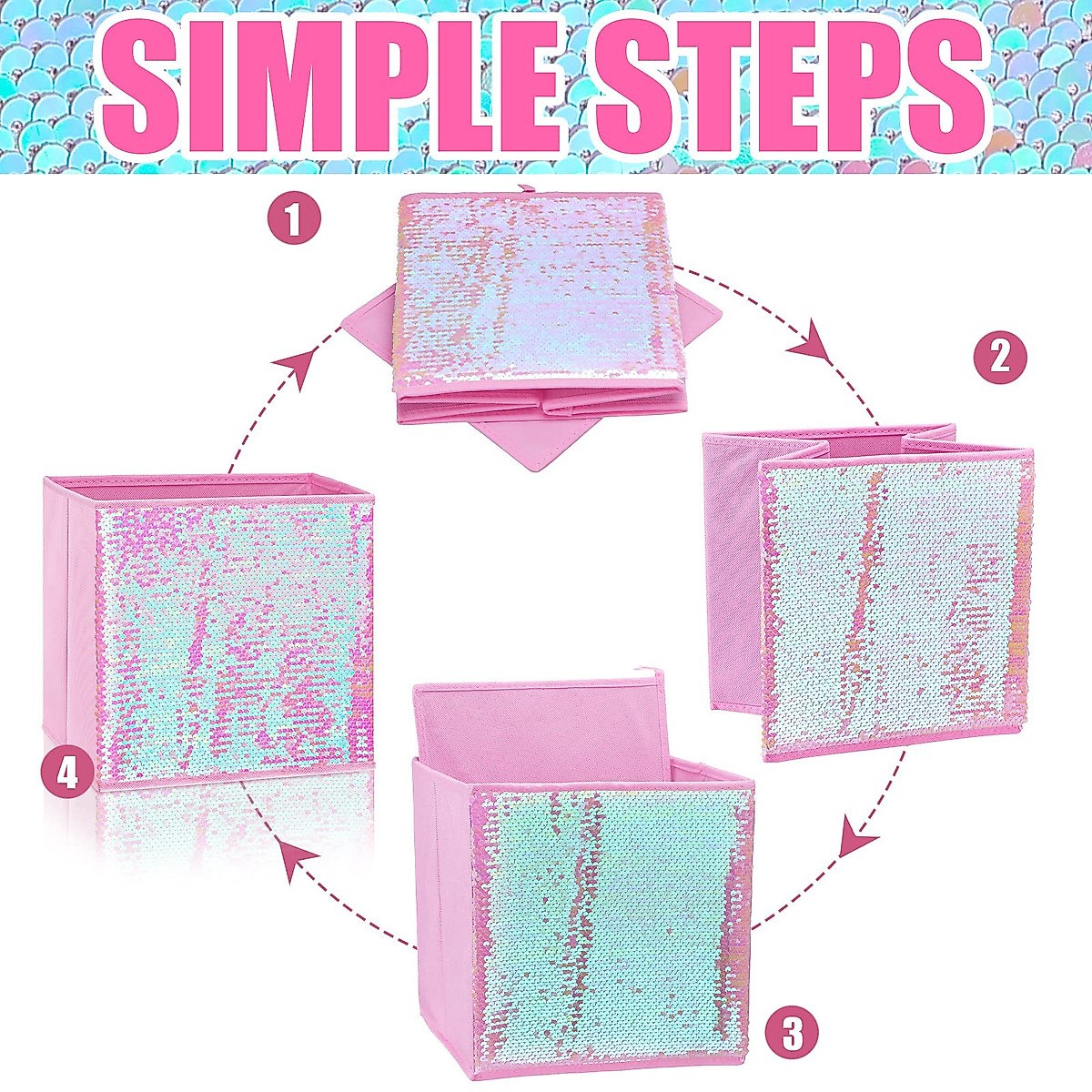 6 Pcs Christmas Foldable Sequin Storage Basket Bin 10 Inch Large Fabric Storage Cubes Storage Bin Closet Bins Christmas Bins Shelf Baskets Kids Toys Organizer Boxes for Christmas Home(Pink)