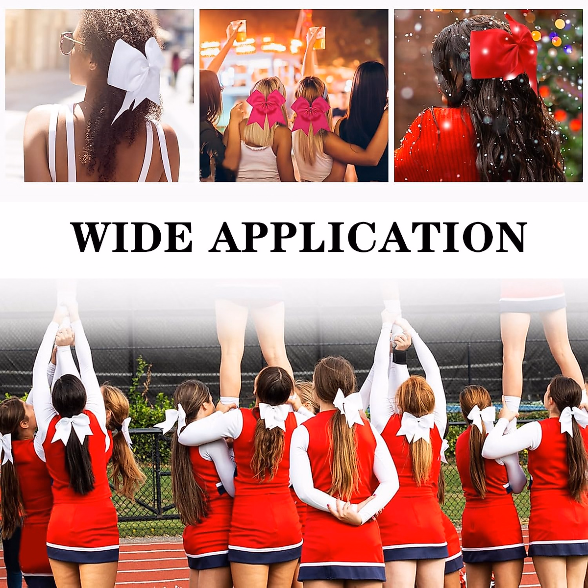 TUUXI 4pcs Large Cheer Hair Bows 8 Inch Grosgrain Ribbon Elastic Bands Ties Ponytail Holder for School College Sports Cheerleading Cheerleaders Bows Black Red Pink White