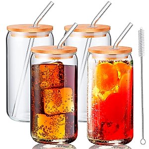Transparent Glass Cups with Bamboo Lids and Glass Straw, 4pcs 16oz Can Shaped Glass Cups, Beer Glasses, Iced Coffee Glasses, Cute Tumbler Cup, Ideal for Cocktail, Whiskey, Bonus 2 Cleaning Brushes