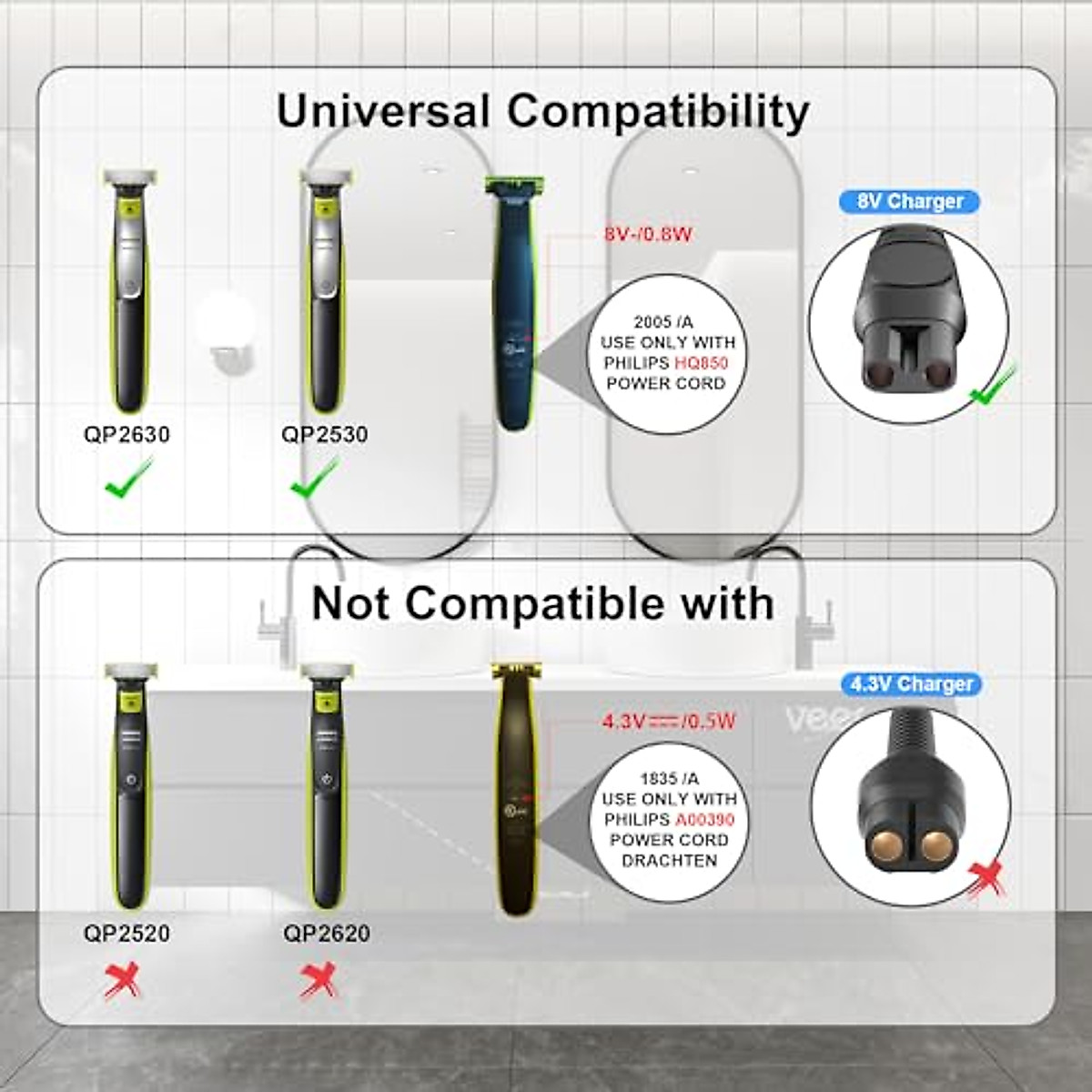 Charger Cord for Philips Norelco One Blade QP2724, QP2834, 2400 Series Trimmer, USB Adapter for Philips Oneblade X3001 MG7910 MG5910 MG9510 QP4631 QP1924 Charging Shaver Cable (Brush, 5V, Travel)