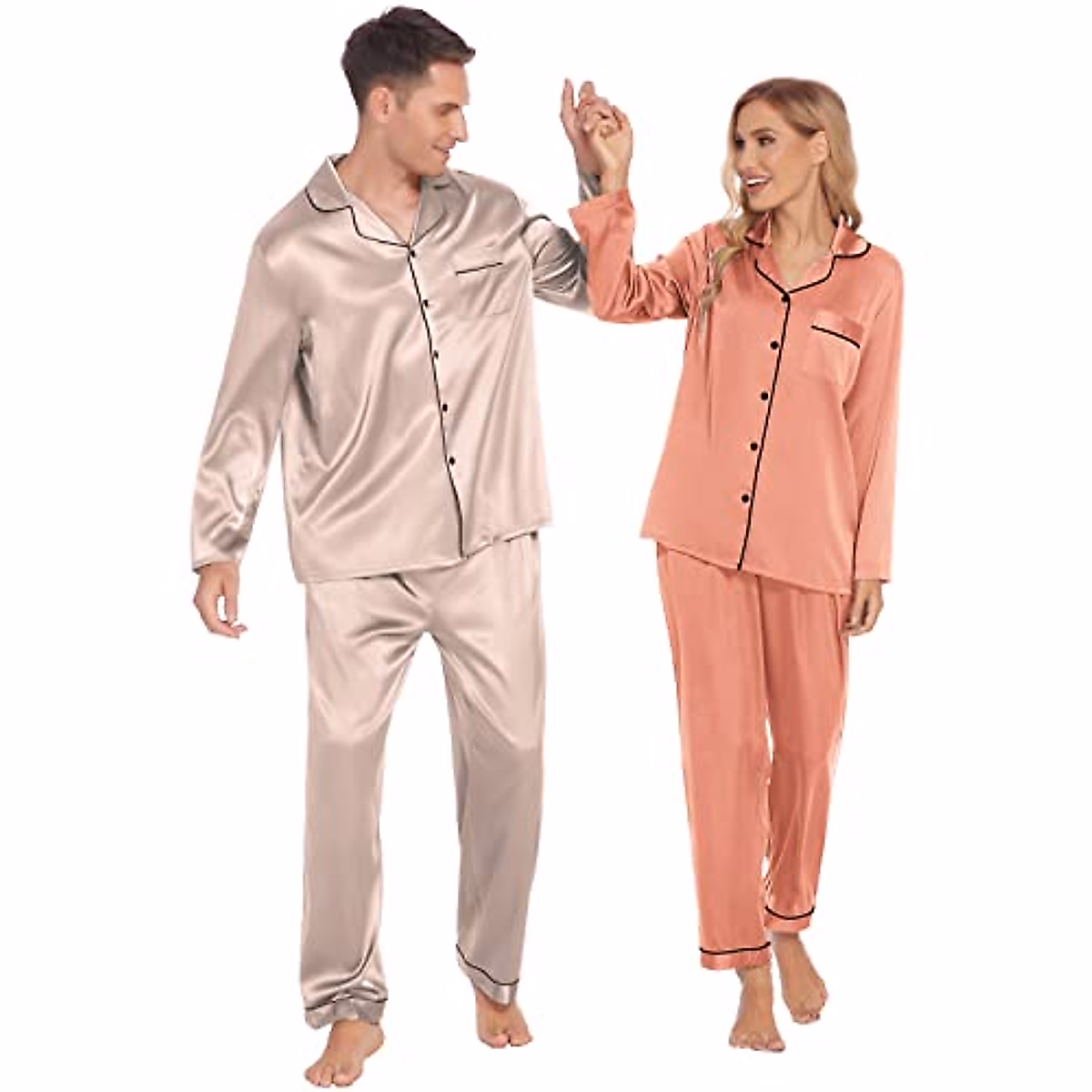 Ekouaer Men Silk Satin 2 Piece Pajamas Long Sleeve Button Top and Long Pants Set (Champagne Gold,S)