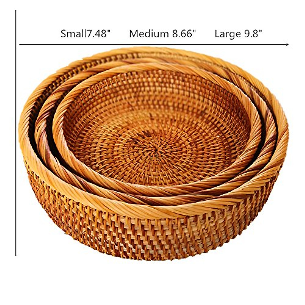 AMOLOLO Hadewoven Round Rattan Fruit Basket Wicker Food Tray Weaving Storage Holder Dinning Room Bowl, 10 Inch Woven Bread Basket Key Bowls with 4”Wall for Table, Countertop (Large 9.8")