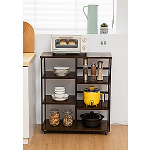 Bamboo Kitchen Baker’s Rack,4-Tier+4-Tier Coffee Bar, Microwave Oven Stand, Large Capacity Utility Storage Shelf Cart on Wheels for Home Kitchen, Living Room and Entrance, Accent (Dark Brown)