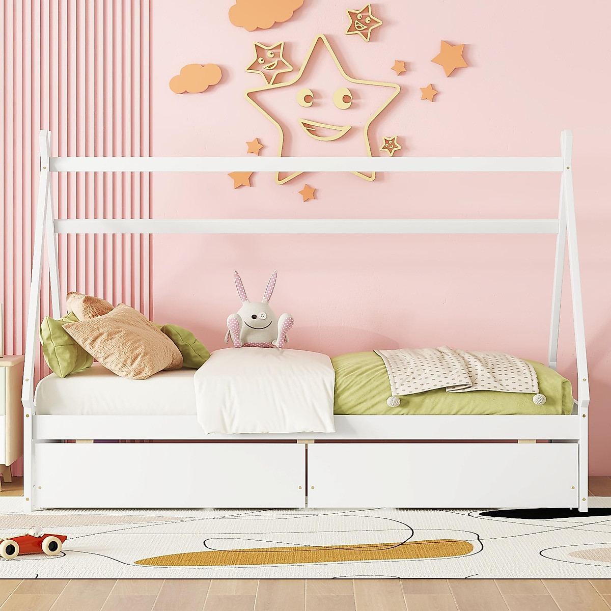 Linique Twin Size Tent Floor Bed with Two Drawers,Wooden Twin Platform Bed Frame Teepee Bed,White