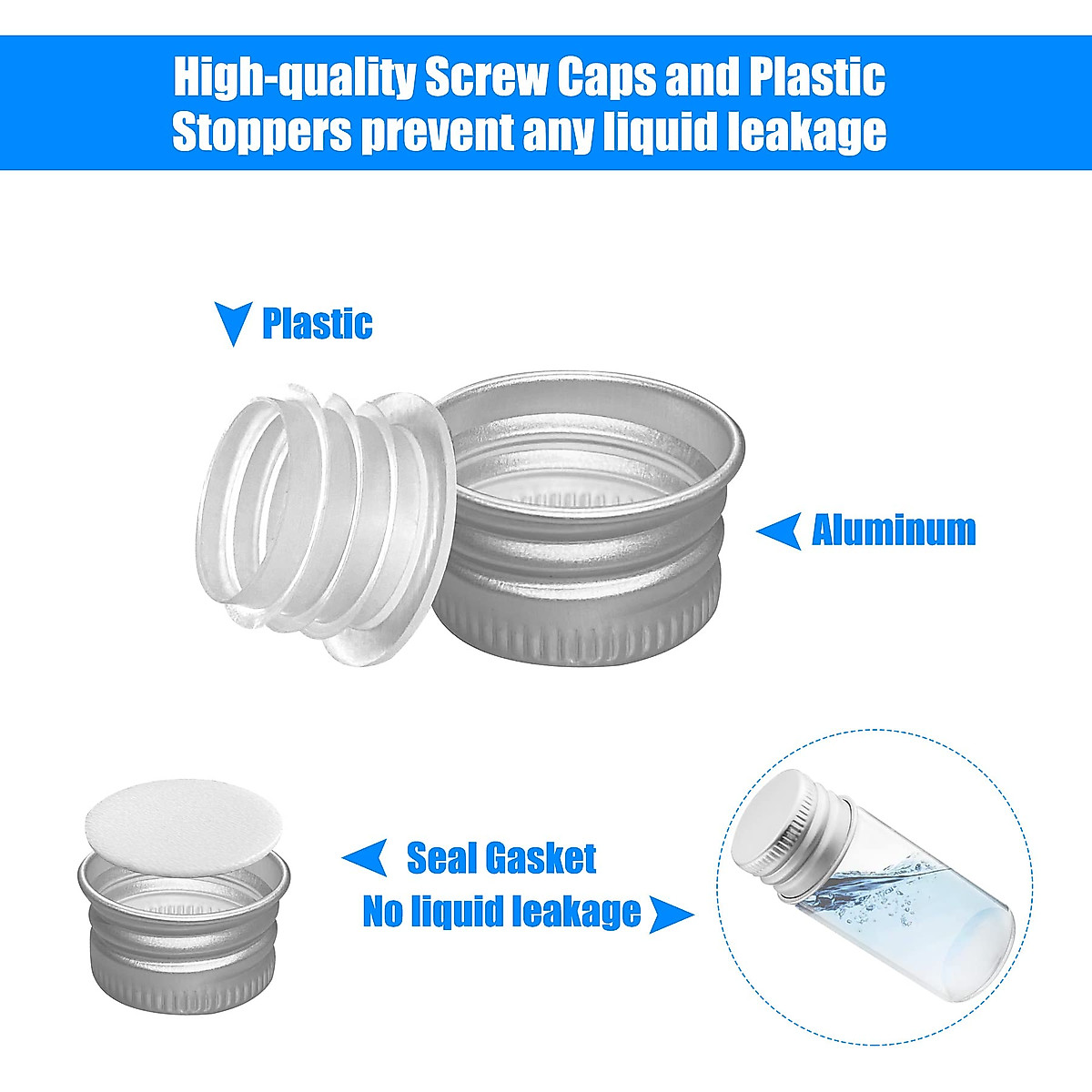 50PCS 10ml Glass Vials with Aluminum Screw Caps and Plastic Stoppers, Clear Glass Sample Vials, Mini Glass Bottles for Home Party Decorations and DIY Craft