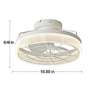YUZEAL 18.9 Inch Low Profile Ceiling Fans with Lights and Remote, Modern Small bladeless Farmhouse Caged Round Flush Mount Dimmable LED Lighting, Memory, 3 Colors, Reversible Blades (White)