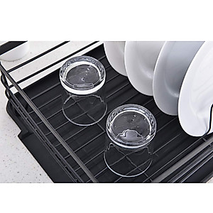 Popity home Dish Drying Rack, Large Kitchen Dish Drying Rack, Metal Dish Rack, Drying Rack with Black Drainboard, Spoons and Knives Storage Box