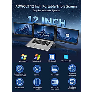 ADWOLT Triple Portable Monitor for Laptop Screen Extender-12'' 1080P Full HD IPS Triple Screen Laptop Monitor,One Type-C Cable Connection,Work with 13.3''-16.5'' Laptop& Switch/Xbox (for Windows)