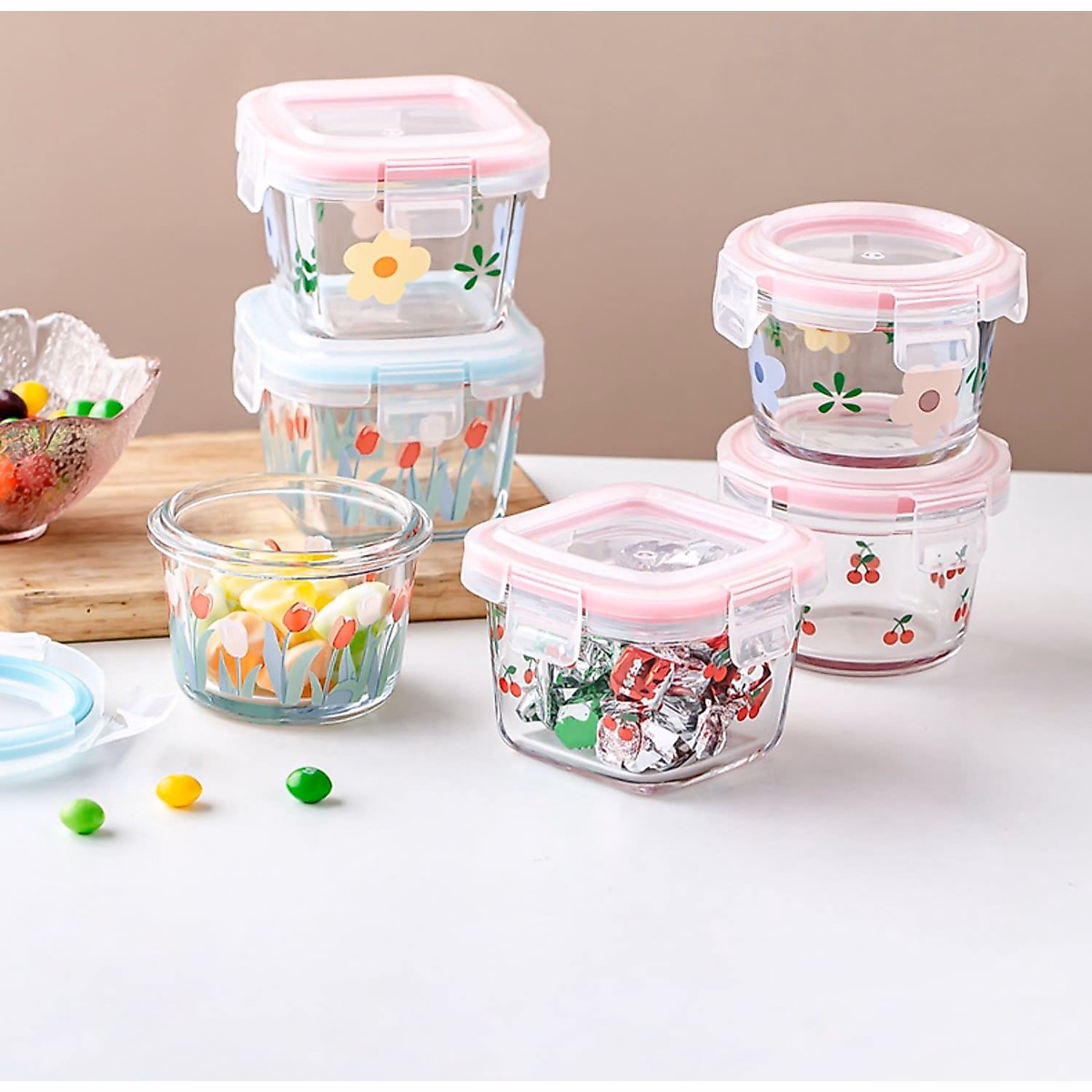 2 Pack 4 OZ Mini Glass Food Storage Containers with Lids,Square Round Cherry Food Jars Small Glass Container for Food Portion,Sauce,Snack,Yogurt,Airtight,Freezer Microwave Safe(red)