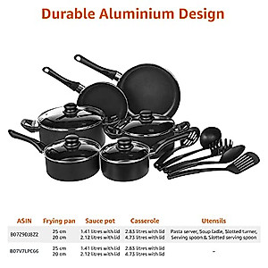 Amazon Basics Non-Stick Cookware Set, Pots, Pans and Utensils - 15-Piece Set & 16-Piece Kitchen Dinnerware Set, Plates, Bowls, Mugs, Service for 4, White