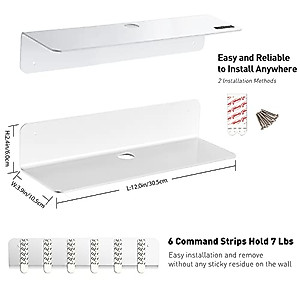 OAPRIRE Floating Shelves White Set of 2 - Damage Free Expand Wall Space - 12 Inch Command Shelf for Bedroom, Bathroom, Kitchen, Living Room, Small Acrylic Wall Shelves with Cable Clips