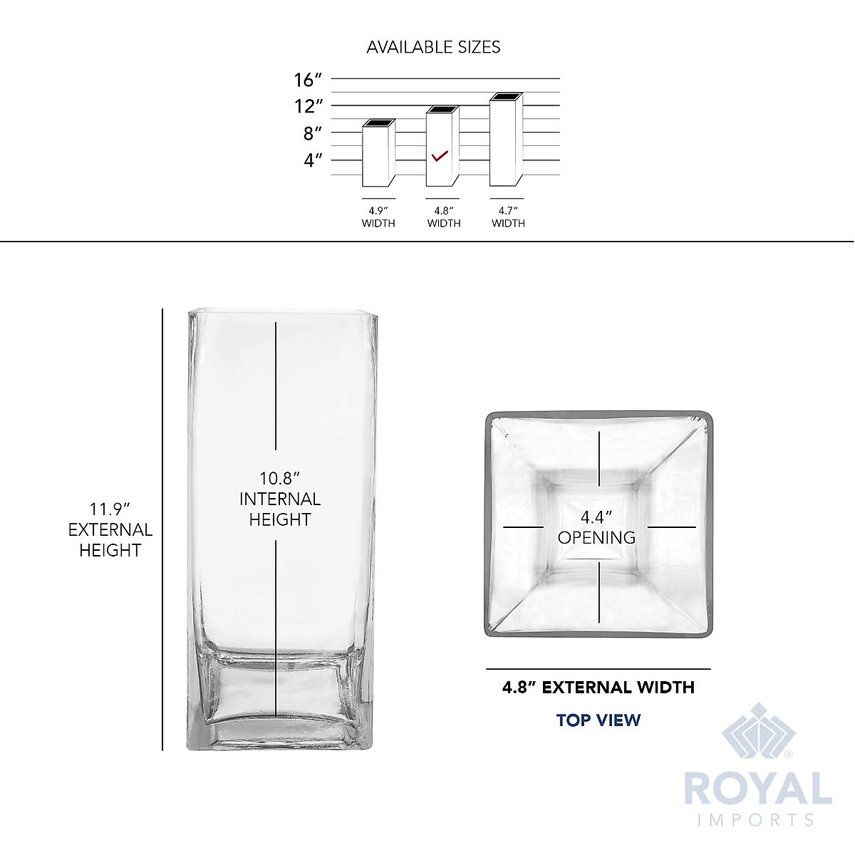 Royal Imports Flower Glass Vase Decorative Centerpiece for Home or Wedding - Tall Rectangle Shape, 12" Tall, 5"x5" Opening