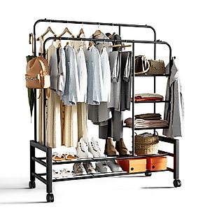 S&R PLKOP Double Rods Mobile Clothing Rack Heavy Duty Garment Rack for Hanging Clothes, 4 Side Hooks, Black, Clothes Racks for Hanging Clothes Multifunctional Bedroom Storage