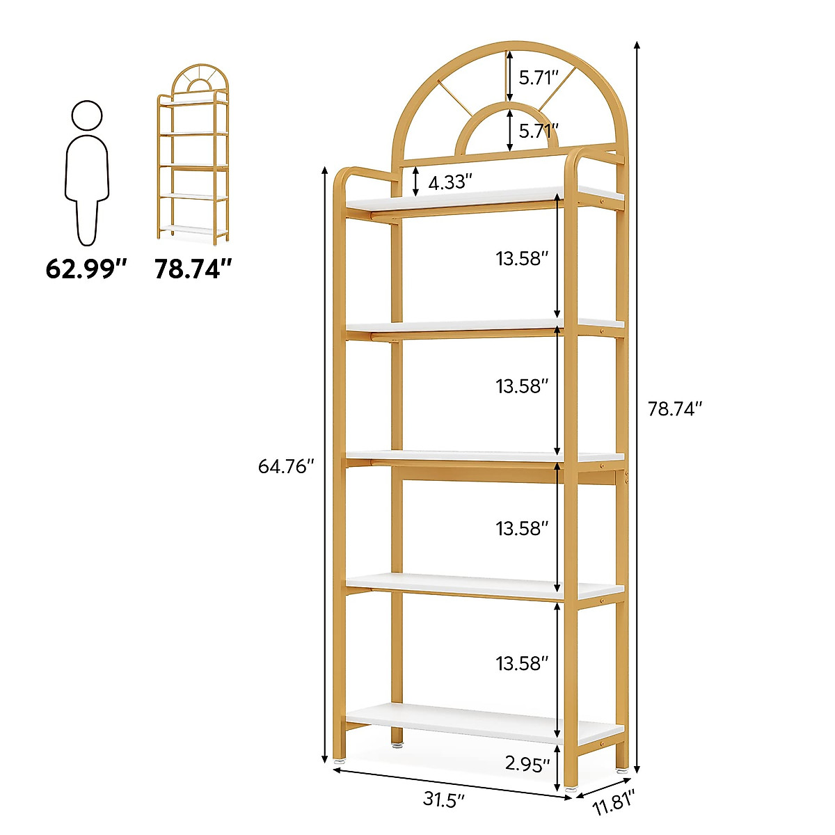 LITTLE TREE 5 Tier Bookcases Arched Bookshelf, Freestanding Tall Display Shelves, Heavy Duty Metal Frame Decorative Shelf for Living Room Bedroom Study Room, White Gold