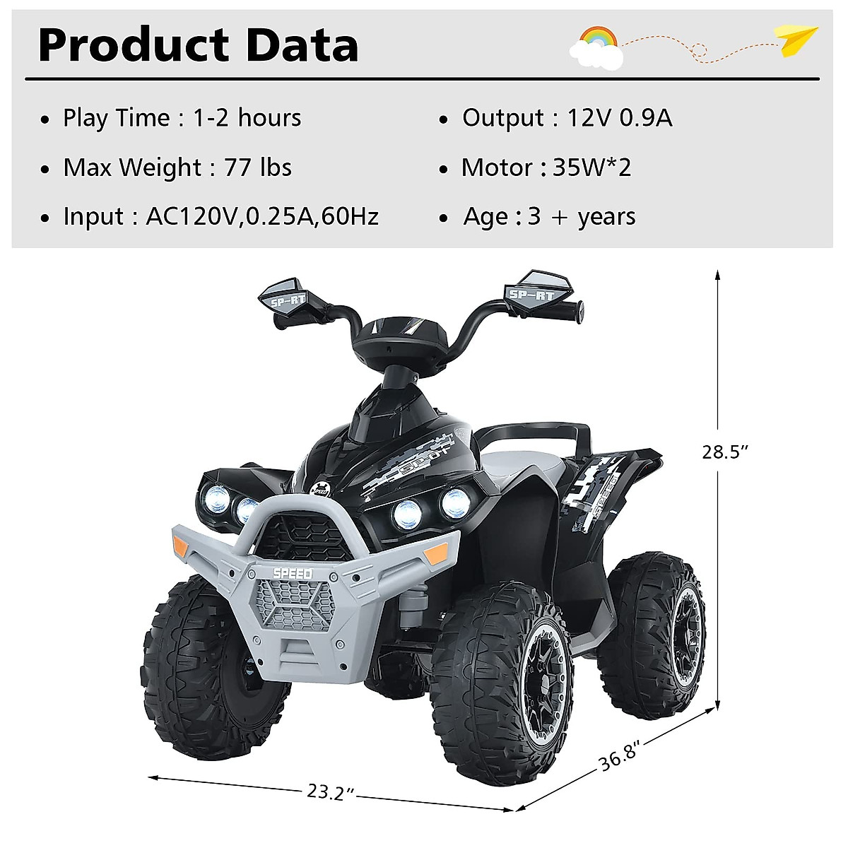 INFANS Kids Ride on ATV, 12V 4 Wheeler Quad Toy Vehicle with Music, Horn, High Low Speeds, LED Lights, Electric Ride On Toy, Battery Powered Wheels Car for Kids Over 3 Years Old (Black)