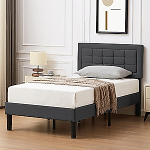 VECELO Twin Size Upholstered Bed Frame with Height Adjustable Fabric Headboard, Heavy-Duty Platform Bedframe/Mattress Foundation/Strong Wood Slat Support/No Box Spring Needed, Dark Gray