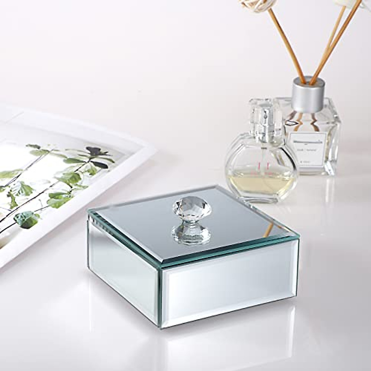Hipiwe Silver Glass Mirrored Jewelry Box with Crystal Handle Square Trinket Organizer Treasure Chest Case Classic Keepsake Box for Storage Rings Earrings Necklace Bracele (Small, Silver)