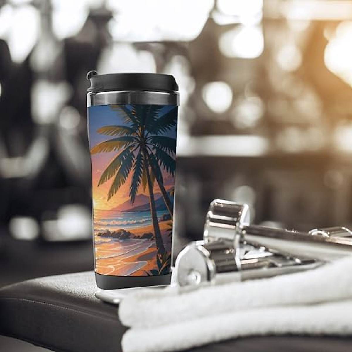 RTFGHJS 13oz Vacuum Insulated Stainless Steel Tumbler with Leakproof Lid Tropical Beach Palm Tree 304 Stainless Steel Travel Mug Wide Mouth Coffee Cup for Hot & Cold Drinks (380ml)