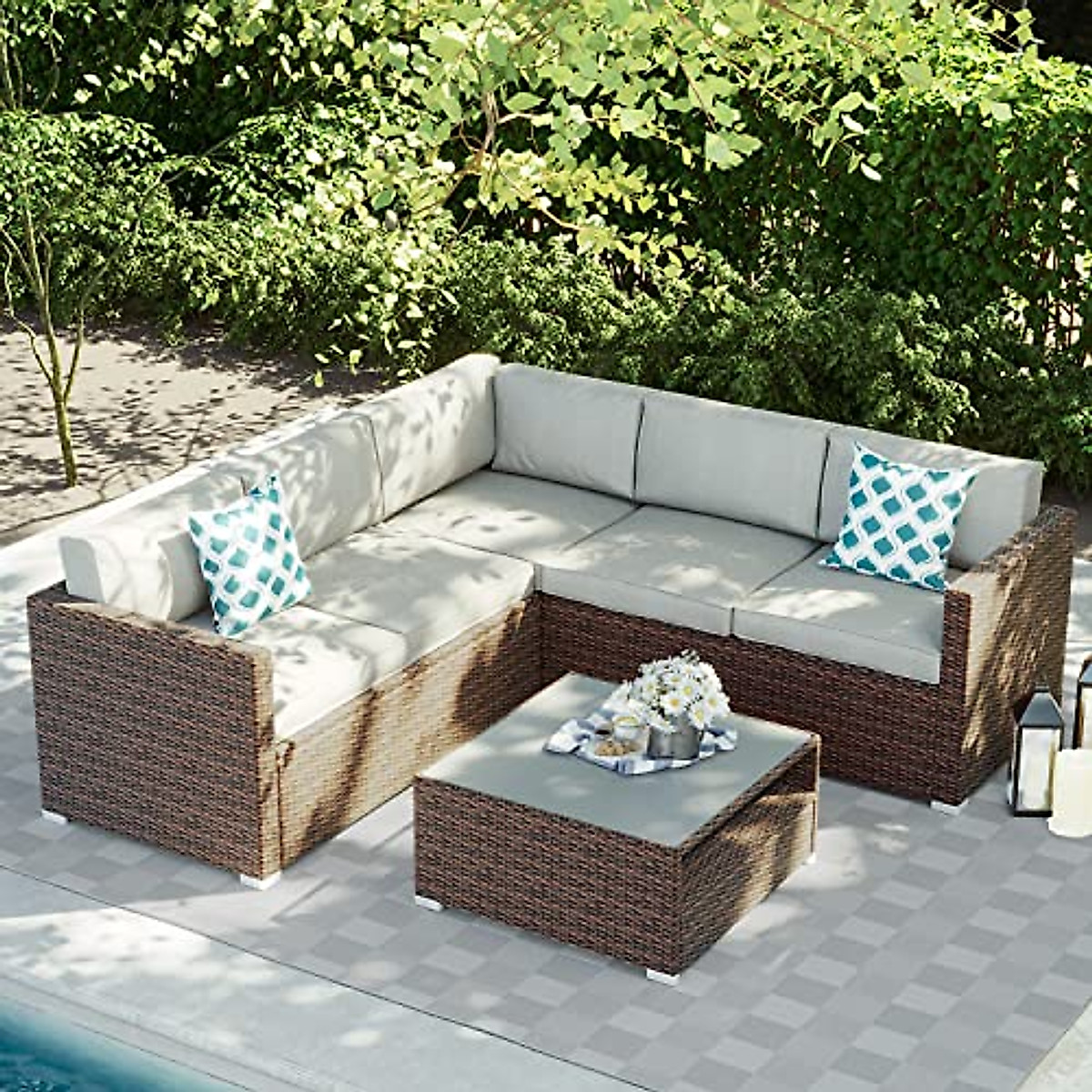 SUNBURY 4-Piece Outdoor Sectional Sofa Patio Furniture Set w Grey Thinck Cushions, Patio Conversation Set Outdoor Wicker Sofa w Tempered Glass Coffee Table, Waterproof Cover for Backyard
