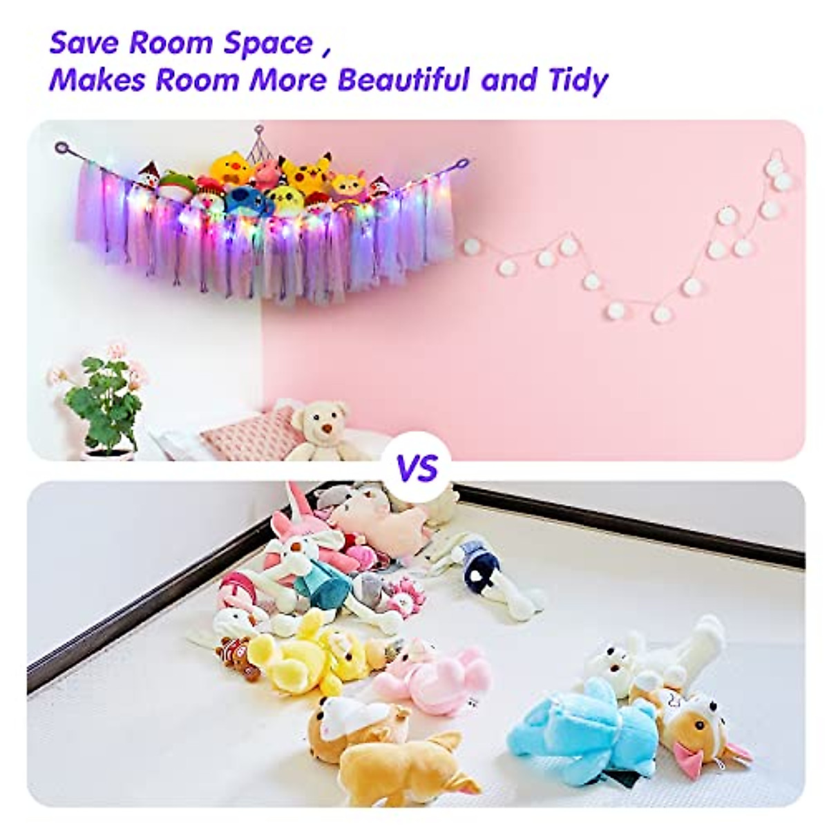 ieBabay Stuffed Animal Net or Hammock with Led Light, Boho Stuffed Animal Storage Organizer, Plush Toy Hammock Net, Hanging Plushie Net, Toddler Hammock for Kids Room Decor