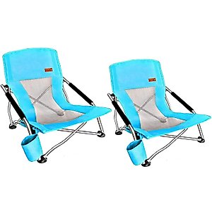 Nice C Adults Low Beach Chair, Sling, Folding, Portable, Concert, Kids, Boat, Sand Chair with Cup Holder & Carry Bag (2 Pack of Blue)