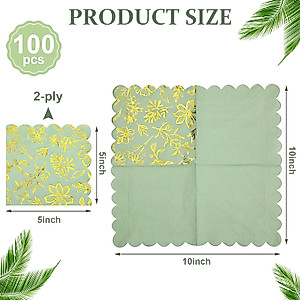 100 Pieces 2 Ply Sage Green Napkins Disposable Gold Foil Floral Paper Napkins Cocktail Napkins Scalloped Napkin for Dinner Wedding Bridal Shower Birthday Party Supplies Decoration, 5 x 5 Inch