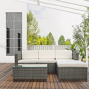 May in Color 5 Piece Outdoor Patio Sectional Furniture Set, Weather Resistant Rattan Outside Couch, Waterproof Conversation Sofa for Balcony, Porch, Backyard, Deck, Garden,Beige