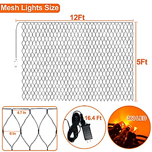 TURNMEON 360 LED 12Ft x 5Ft Halloween Net Lights Outdoor with 8 Flash Modes, Timer, Plug in, Orange Red Mesh Lights, Connectable Waterproof Halloween Decoration Outside Outdoor Bushes Yard Garden Tree
