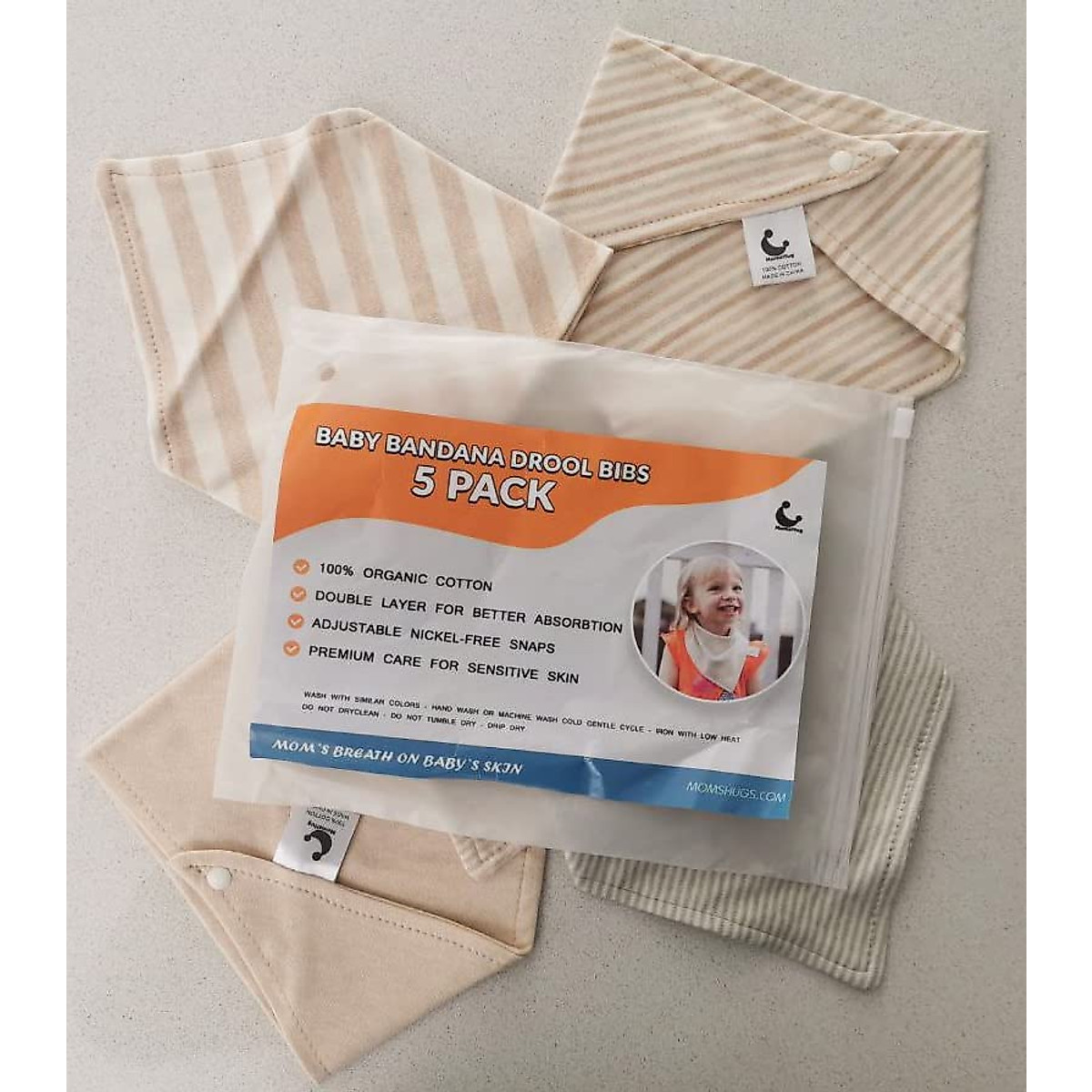 5-Pack Stylish Baby Bandana Drool Bibs 2 Ply 100% Naturall Colored Cotton - Neutral and Absorbent for Boys and Girls