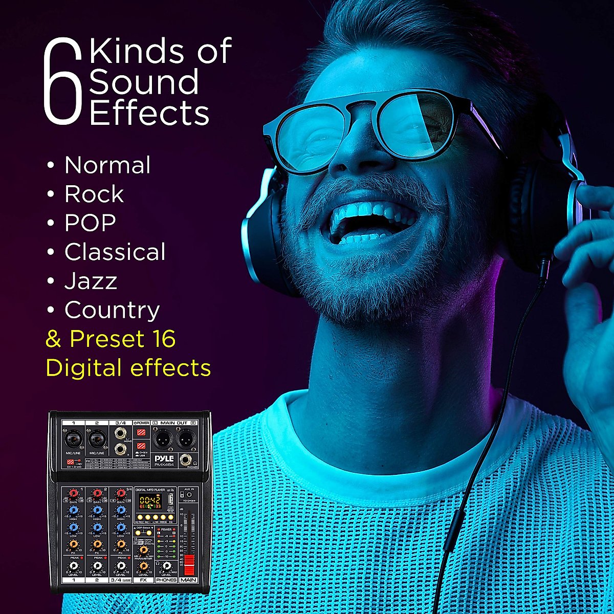 Pyle Professional DJ Audio Mixer Controller - 4-Channel DJ Controller Sound Mixer w/DSP 16 Preset Effects, USB Interface, 2 XLR Mic/Line Input, AUX, FX Processor MP3 Player, Headphone Jack PMX464
