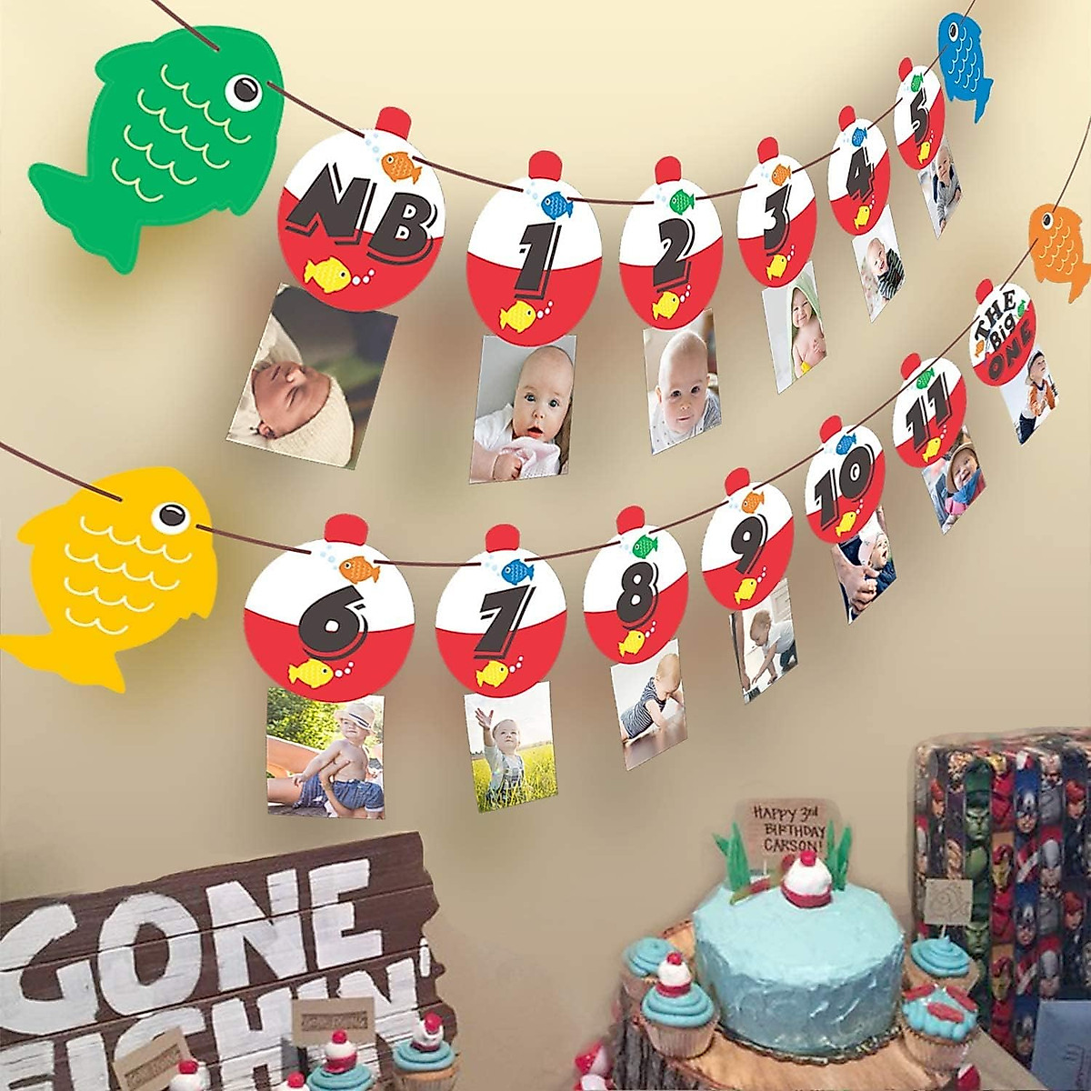 The Big One Bobber Gone Fishing Baby Monthly Photo Banner Little Fisherman Garland First Year Milestone Boys Photo Props Party Cake Smash Decoration Supplies