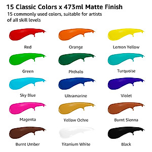 ABEIER Large Bulk Acrylic Paint Set, 15 Colors (473 ml/16 fl oz), Matte Finish, Rich Pigments, Non-Toxic Paints for Painting on Canvas Crafts Wood Ceramic, Ideal for Beginners and Students
