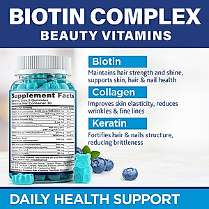 Hair Vitamins Natural Gummies - Biotin Multivitamin for Hair, Skin & Nails with Collagen & Keratin - Anti Aging Collagen Gummy Vitamins for Men & Women - Hair & Nail Growth Gummies - 60psc