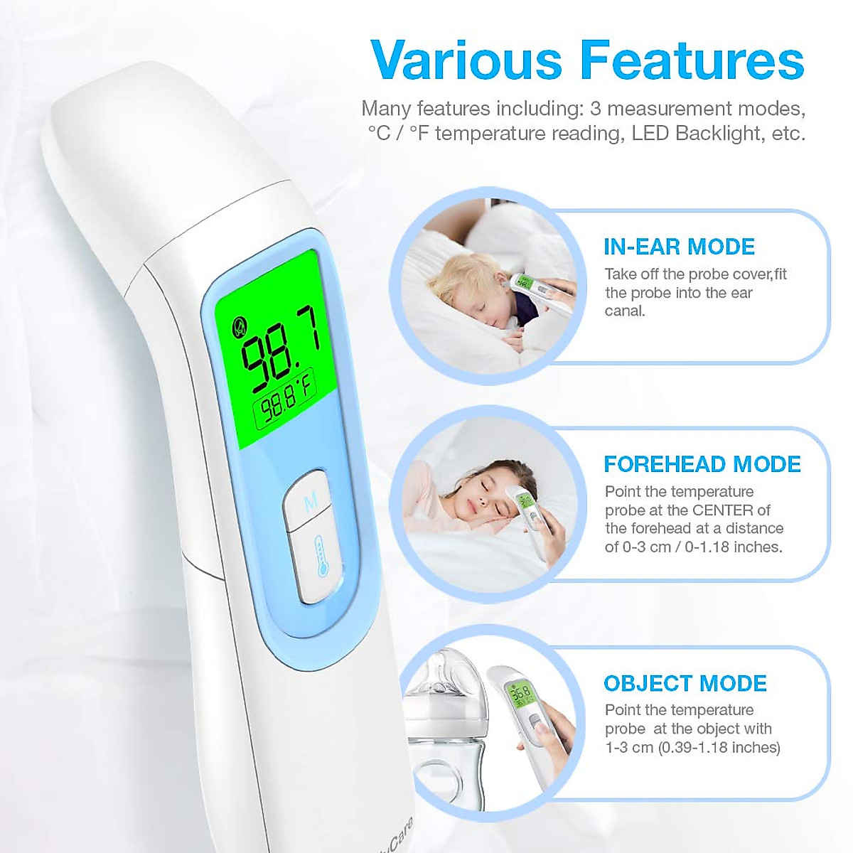 CandyCare Touchless Smart Infrared Thermometer with LCD Digital Screen (3-in-1 Measurement) for Adult and Kid, Temperature Gun Reading Detection on Forehead and Ear (Battery NOT Included)