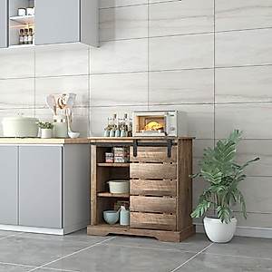 Wonder Comfort Rattan Sideboard Buffet Cabinet with 2 Open Doors, Kitchen Storage Console Table for Living, Dining Room, Bedroom, Entryway, Rustic Brown