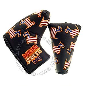US Flag Dancing Scottie Dog Headcover for Blade and Midsize Mallet Putter, Black, Golf Head Cover