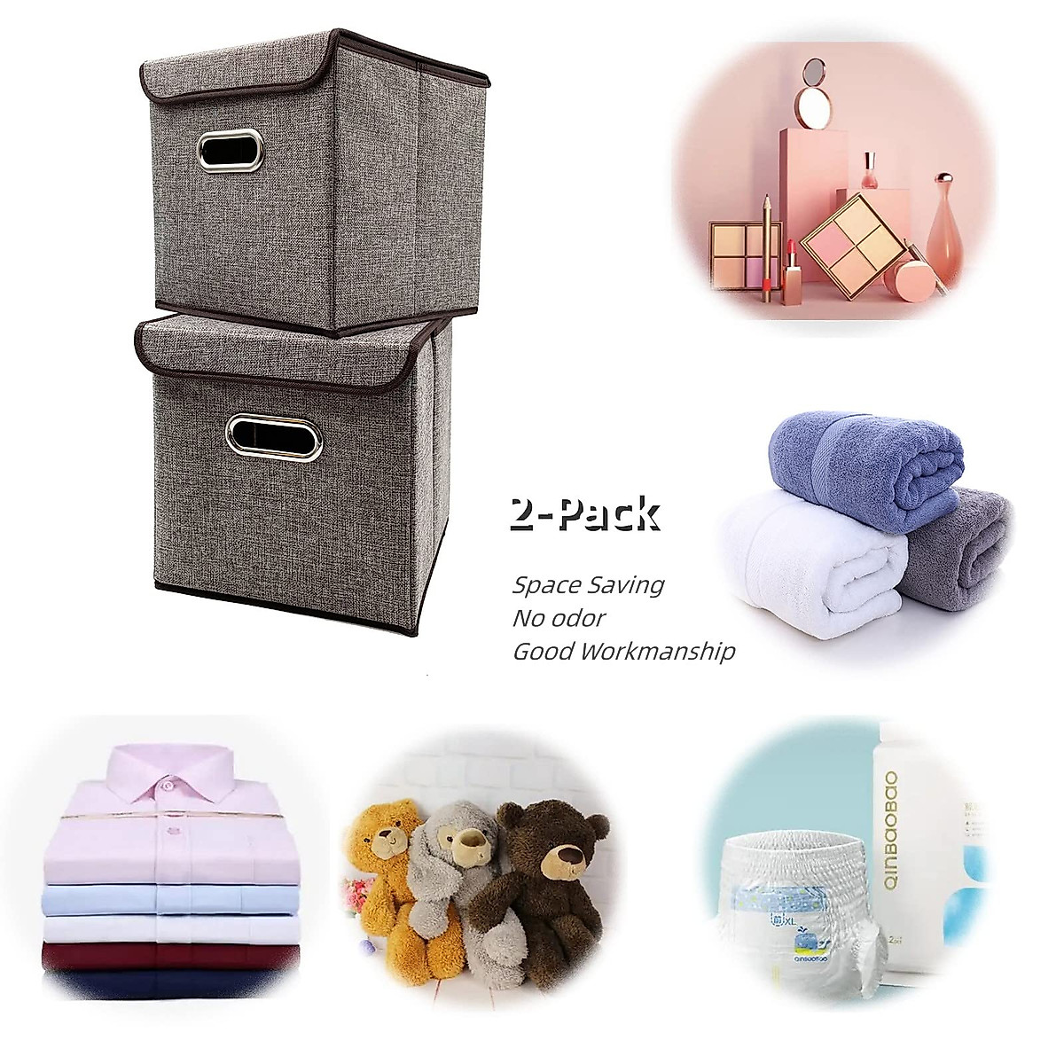 Zalaxt Foldable Cube Storage Bin with Lid, Set of 2, Collapsible Storage Basket with Lid,25 CM x 25 CM, Boho Basket, Nursery Storage Bin, Cube Storage Baskets for Home Bedroom Grey