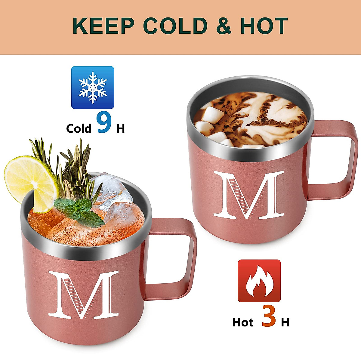 LiqCool Initial Mug, Monogrammed Gifts for Women Men, Letter-M, K, A, S Initial Monogram Engraved Coffee Mug Tumbler, Monogram Mug Personalized Gifts for Women Men, 12 Oz Travel Coffee Mug(Rose Gold)