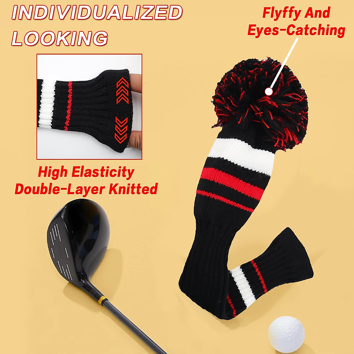 Golf Club Head Covers Knit for Woods Driver Fairway Hybrid Head Cover Knitted Pom Pom Stripes Pattern for Main Wood Clubs (Black&Red-3pcs(D+F+H))