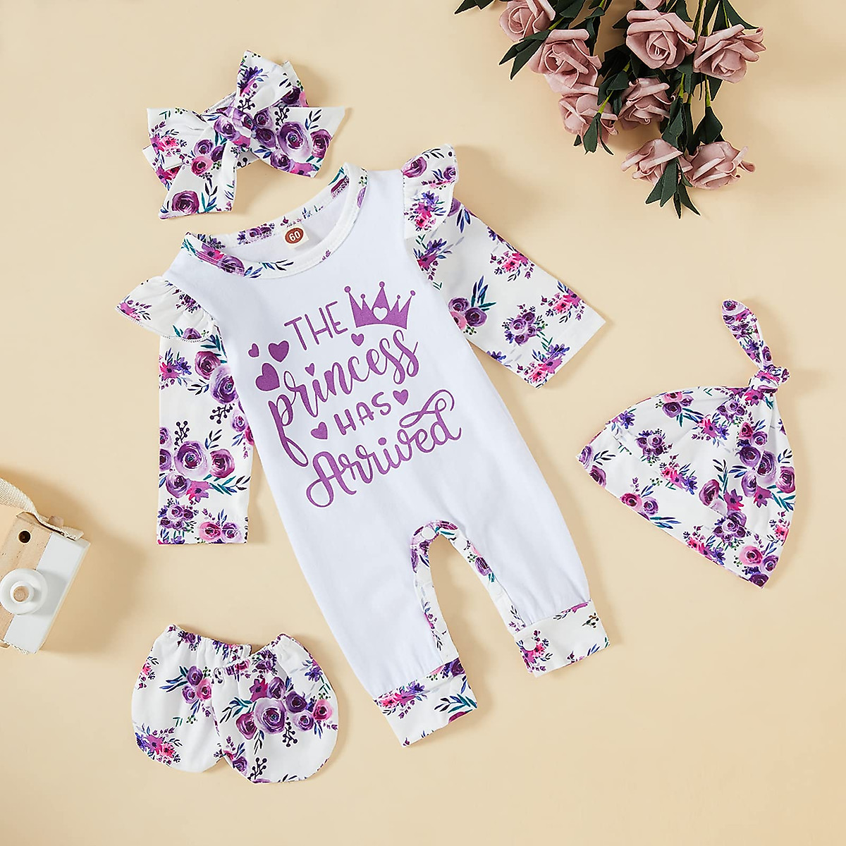 GRNSHTS Newborn Baby Girl Romper Infant Letter Print Bodysuit Floral Jumpsuit+Hat+Headband+Gloves Coming Home Clothes Outfits(Purple,Newborn)