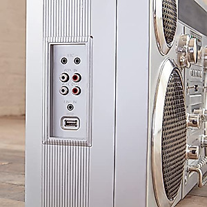 GPO Brooklyn 1980S-Style Portable Boombox - CD Player, Cassette Player, FM Radio, USB, Wireless Bluetooth Speaker - Silver