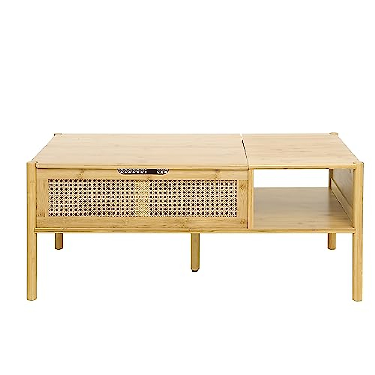 Modern Natural Bamboo and Rattan Table, Lift Coffee Table. Adjustable Storage Rack Living Room