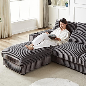 Convertible Sectional Couch Modular Sofa with Movable Ottoman,126" Upholstered Corduroy L Shaped Couch with USB Port&Cup Holder,Oversized Comfy Cloud Couch,Modern Sofa for Living Room(4 Seater,Grey)