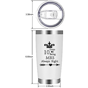 Set of 2 10th Wedding Engagement Anniversary Tumblers for Couples Parents 20 Ounce Stainless Steel Insulated Car Tumbler Travel Mug Mr Right Mrs Always Right 10 Years Anniversary Funny Present