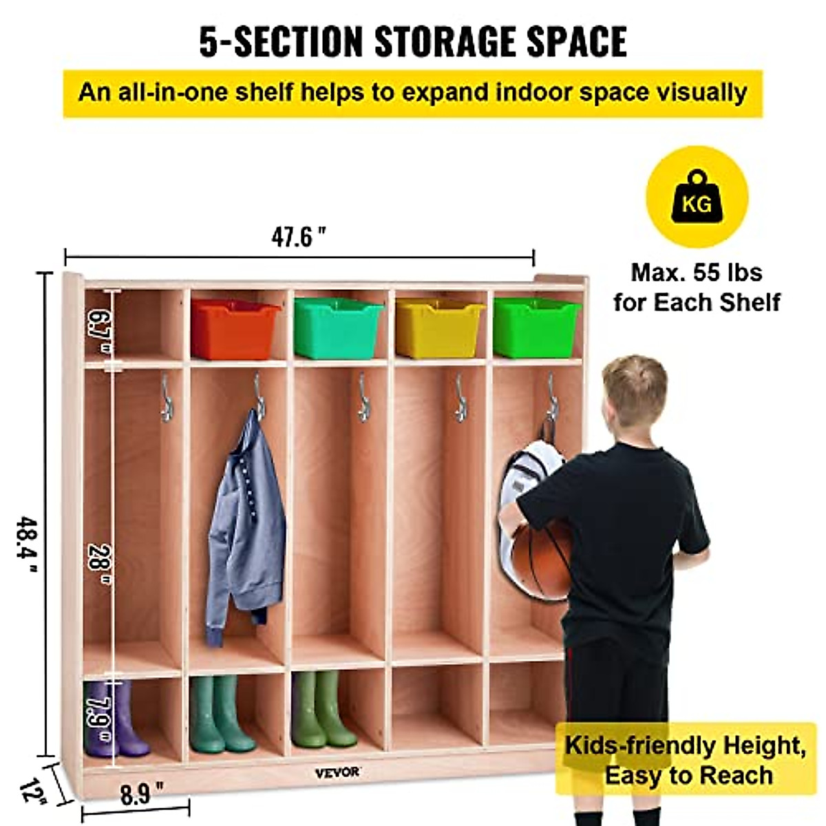 Happybuy 5-Section Classroom Coat Locker, 15mm Thickness Cubbies for Classrooms, Classroom Cubbies, Classroom Furniture with 4 casters for Home, School, Kindergarten