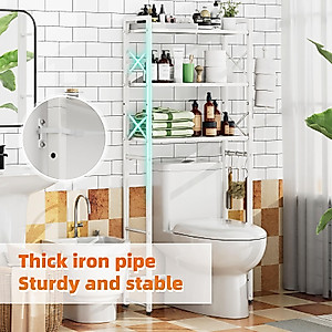 Simple Trending Over The Toilet Storage Rack with Toilet Paper Holder, Heavy Duty Metal 3 Tier Bathroom Organizer Shelf with 3 Hooks, White